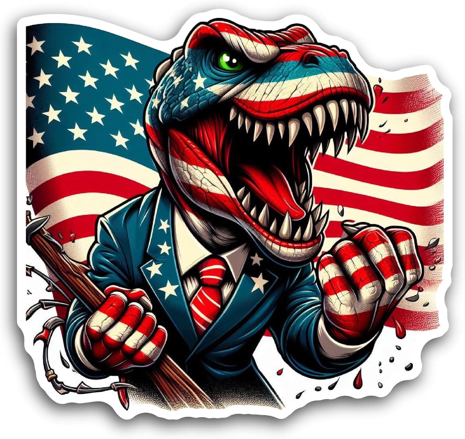 2 (Pieces) 3" and 5" Dinosaur Cheering with American Flag Decal Sticke